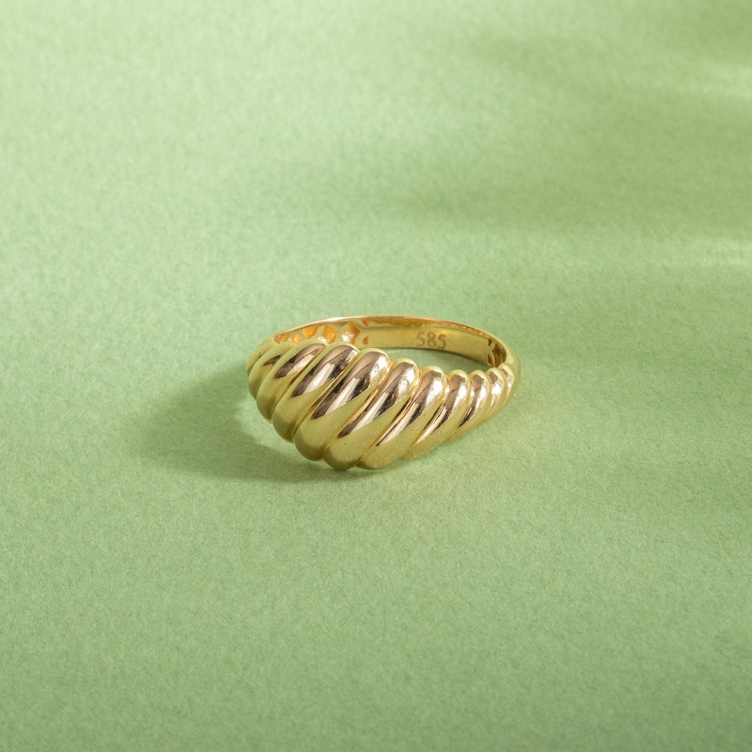 Chunky Croissant Ring 14K Solid Gold, Real Gold Pluto Ring, Twisted Dome Ring, Dainty Bubble ...