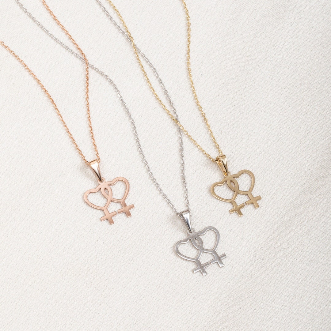 Double Venus Heart Necklace, 14K 18K Real Gold Heart Pendant, Venus ...