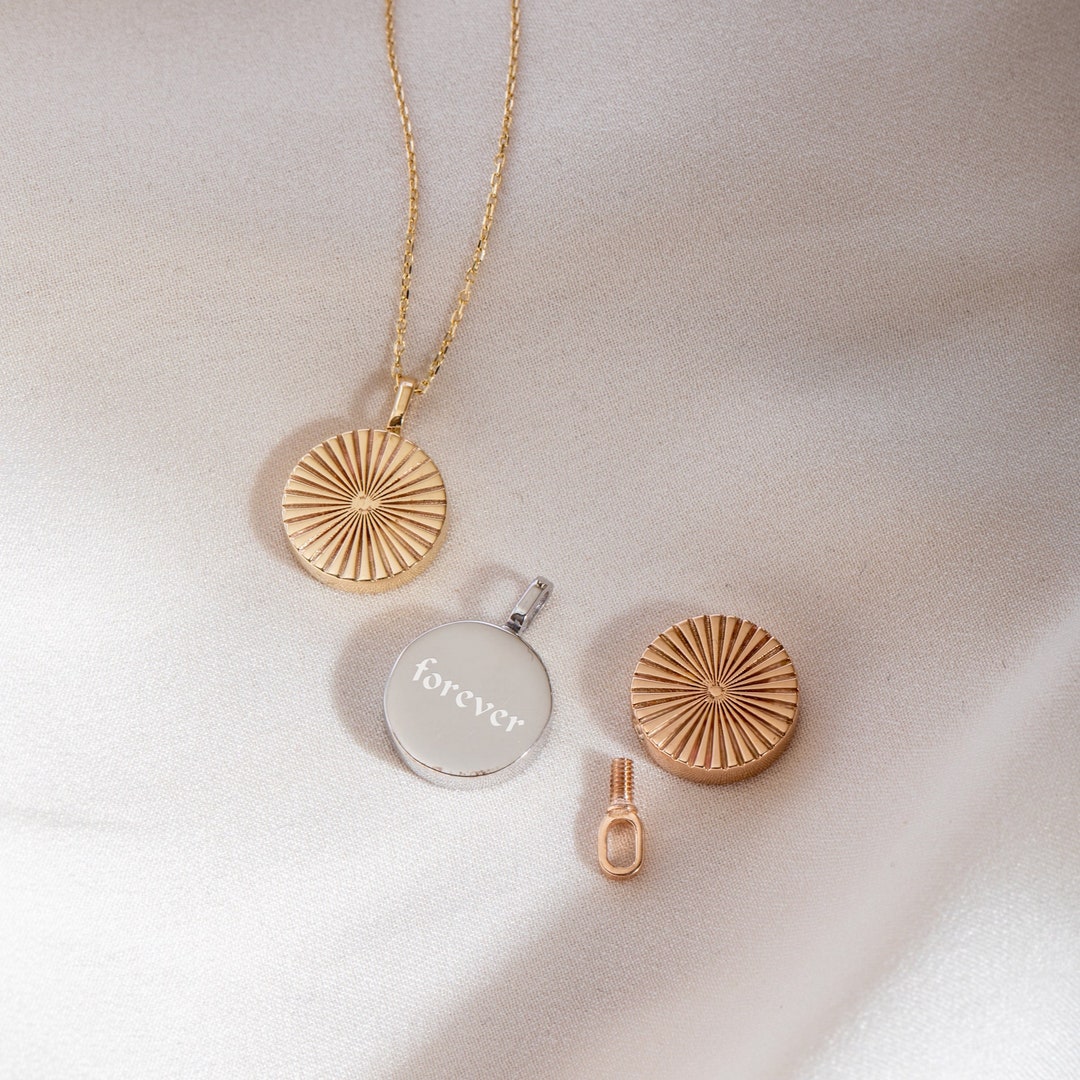 14K 18K Solid Gold Cremation Pendant, Round Serrated Urn Pendant ...