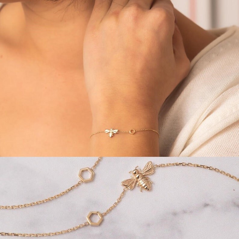 14k 18K Real Gold Dainty Bee and Single Honeycomb Bracelet, Dainty Gold ...