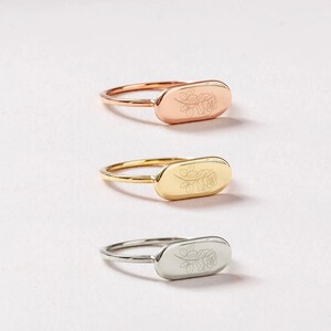 14K 18K Real Gold Engraved Flower Rectangle Ring, Custom Personalized ...