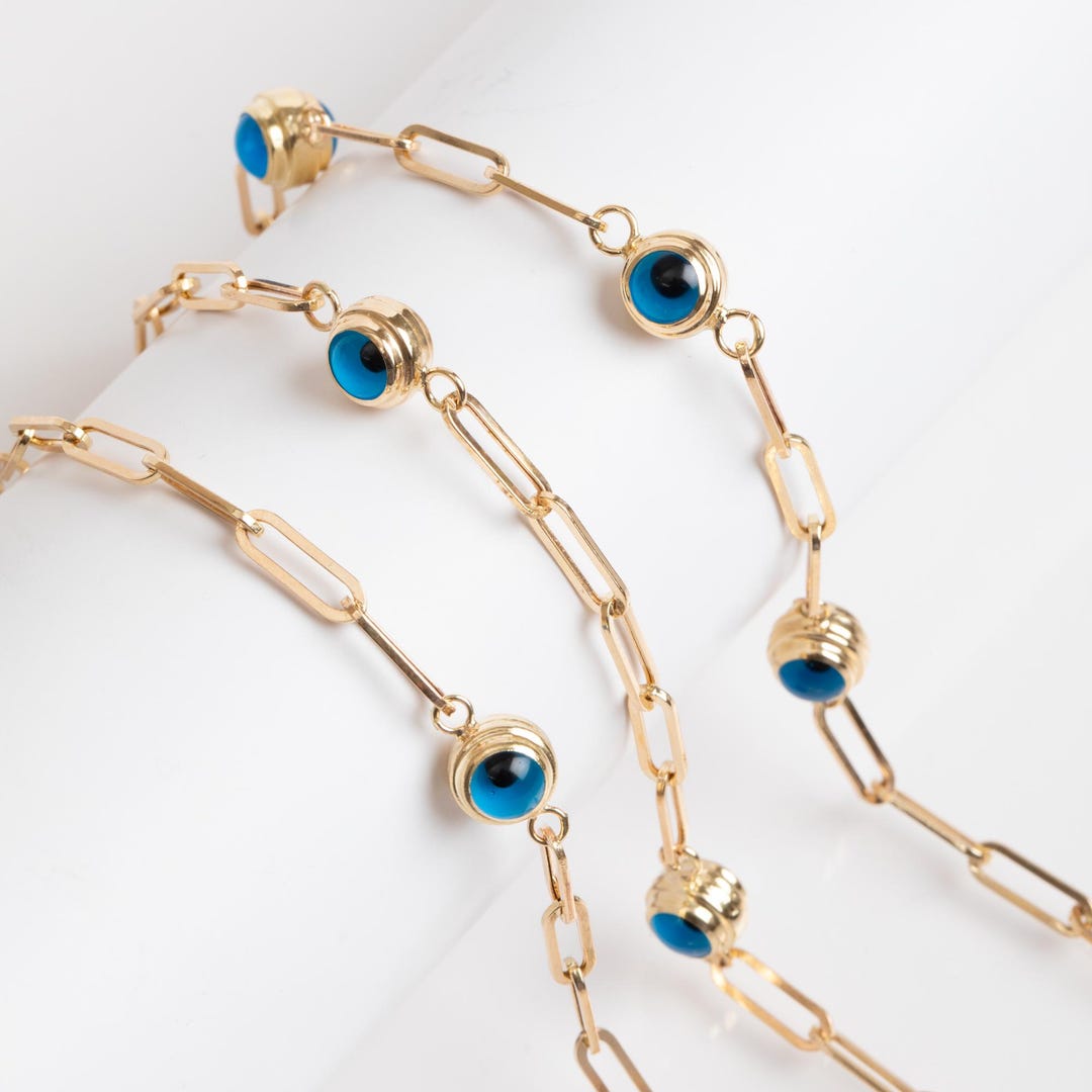 14K Real Solid Gold Evil Eye Bracelet, Blue Evil Eye Paperclip Chain ...