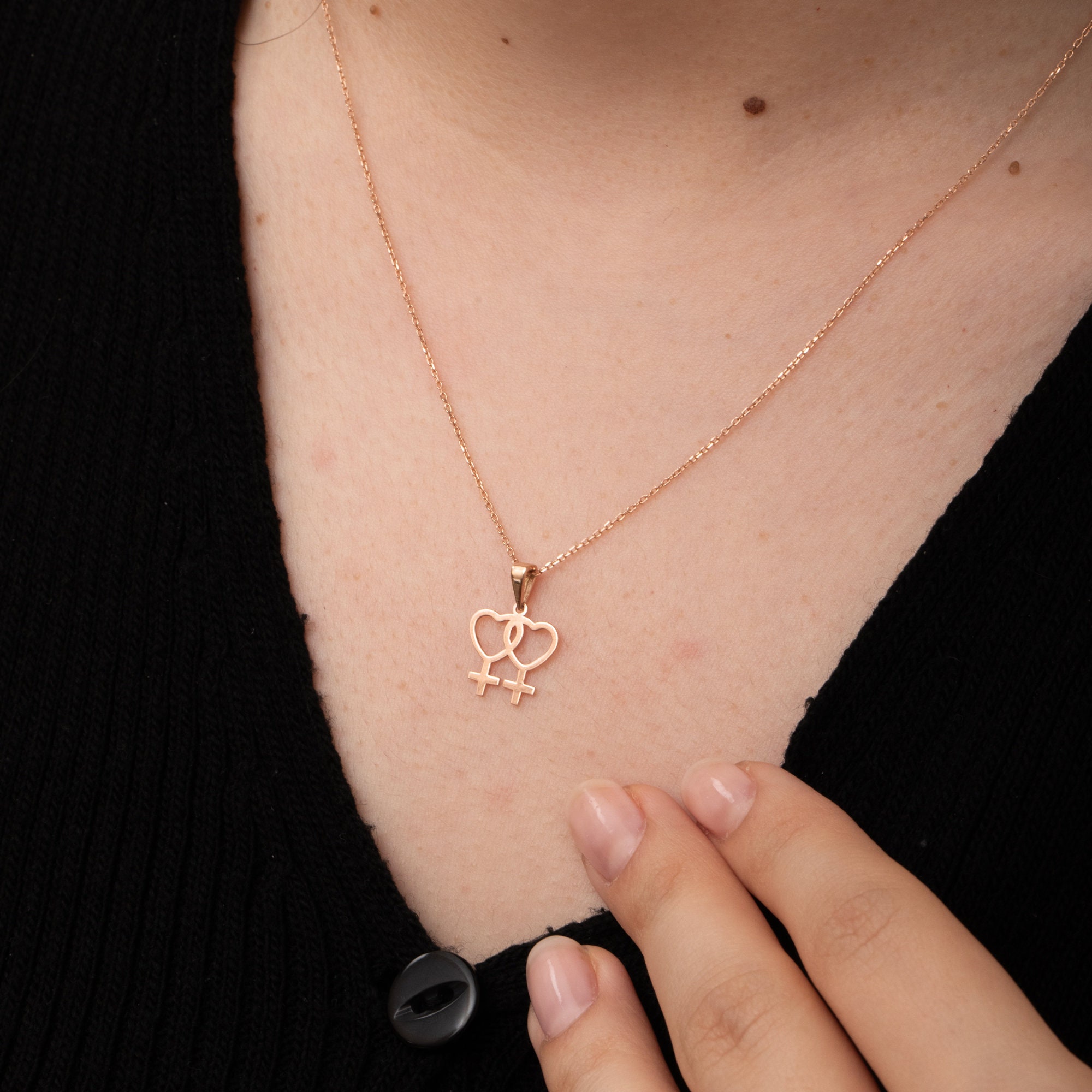 Double Venus Heart Necklace, 14K 18K Real Gold Heart Pendant, Venus ...