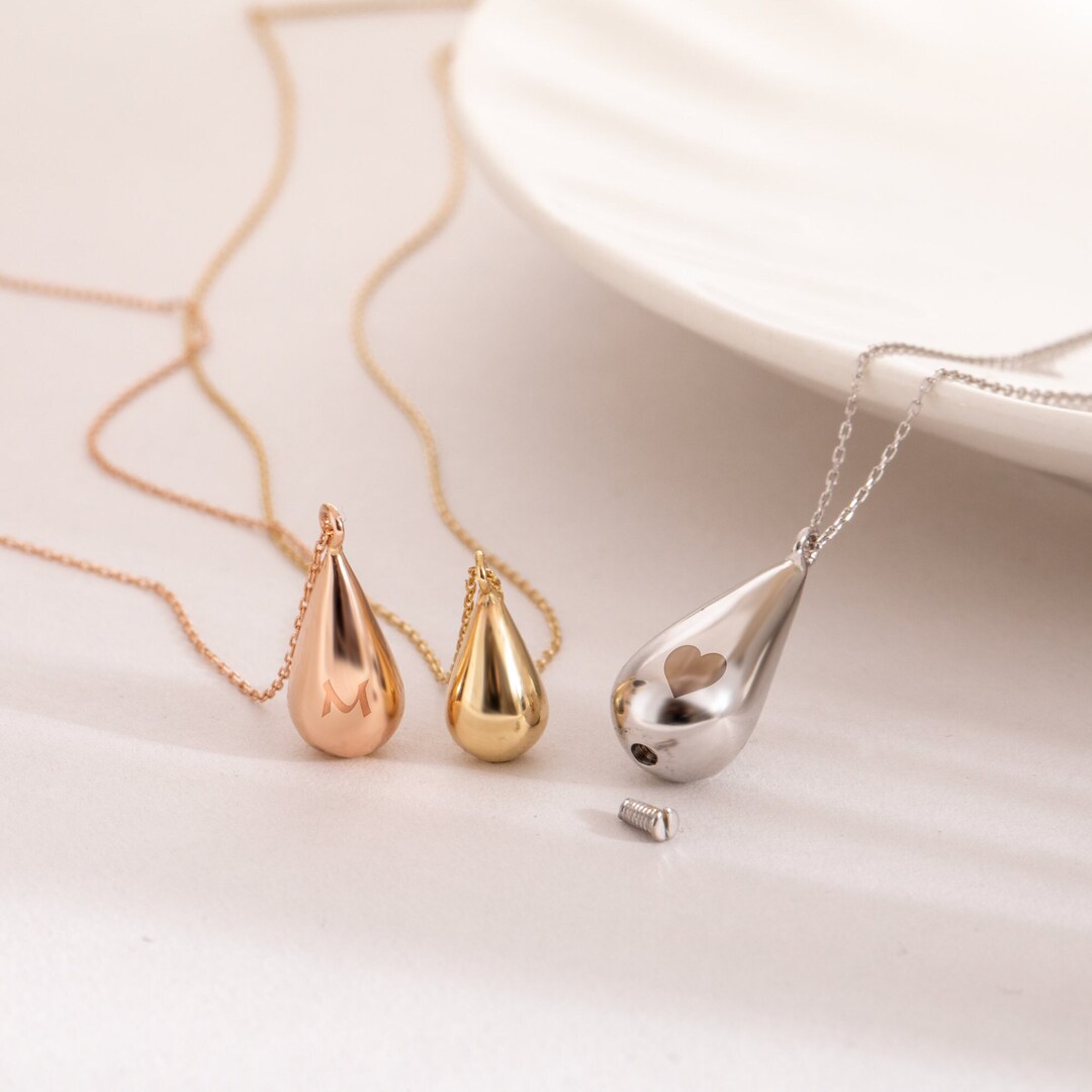 Tear Drop Cremation 14K Real Gold Urn Pendant Necklace, Custom Engraved ...