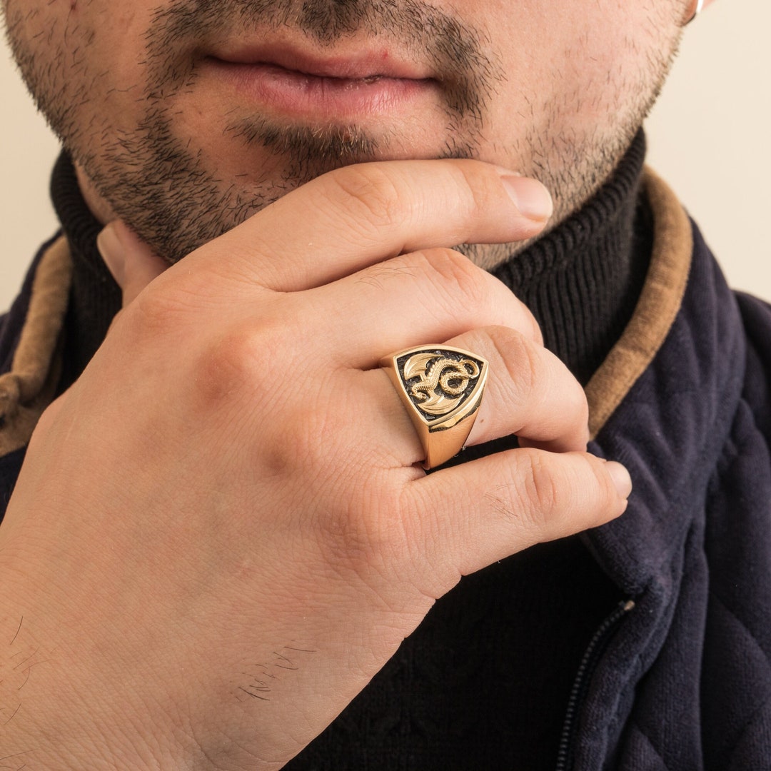 14K Dragon Mens Ring Real Solid Gold Dragon Signet Mens Ring - Etsy