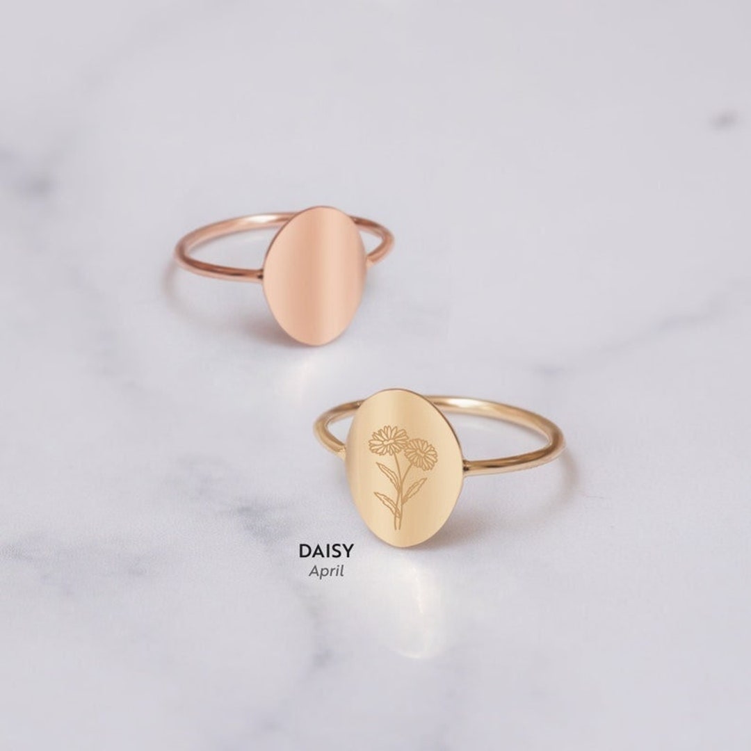 14K 18K Solid Gold Birth Flower Engraved Custom Ring, Dainty Birth ...