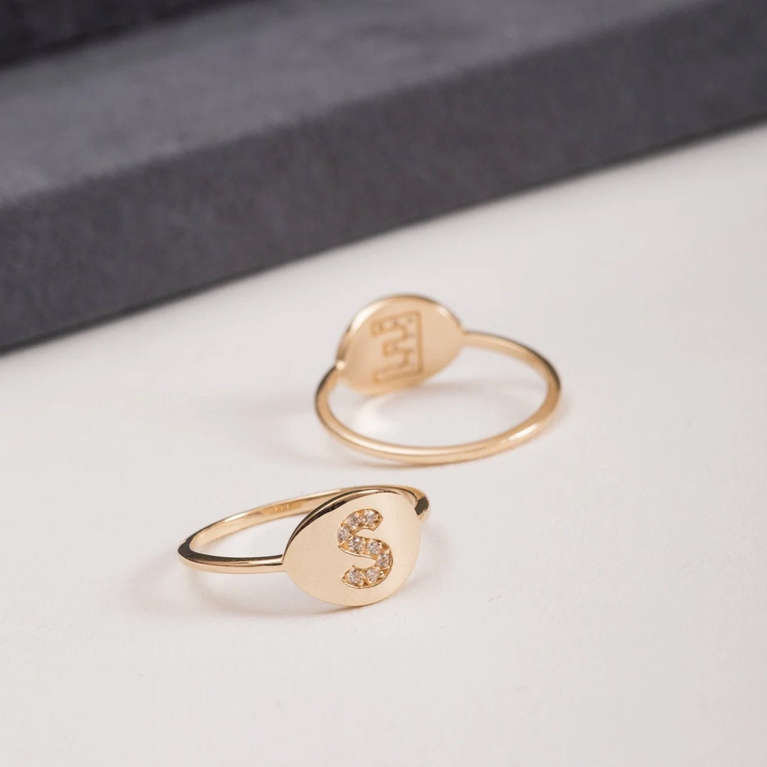 14K or 18K Real Gold Pave Diamond Letter Ring • Diamond or CZ Letter ...