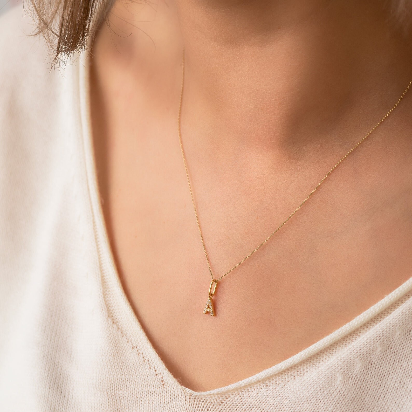 Custom Pave Initial Pendant 14K 18K Solid Gold Dainty Dangle - Etsy