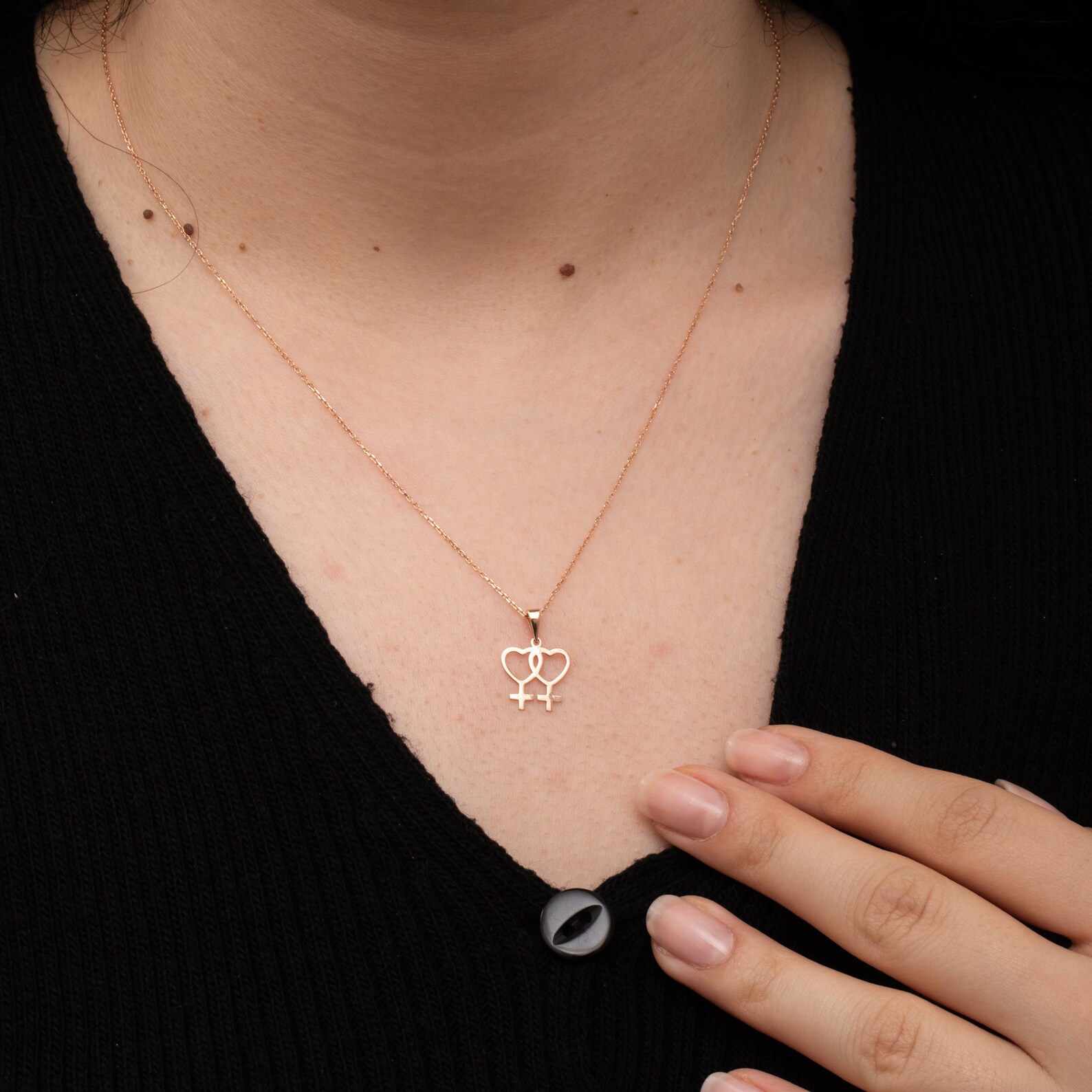 Double Venus Heart Necklace, 14K 18K Real Gold Heart Pendant, Venus ...