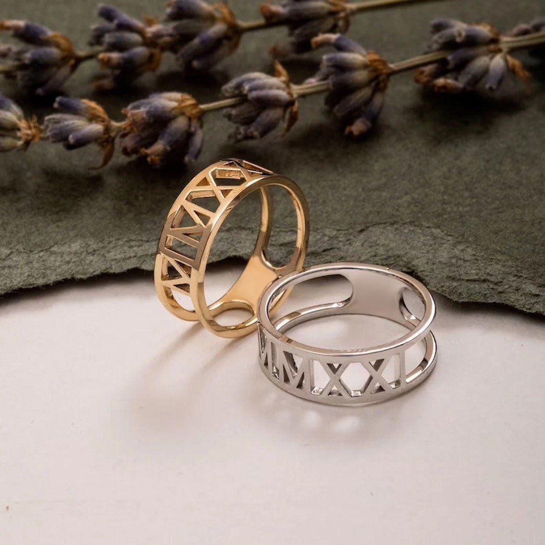 14K Real Gold Custom Roman Numerals Date Ring, Personalized Wedding ...