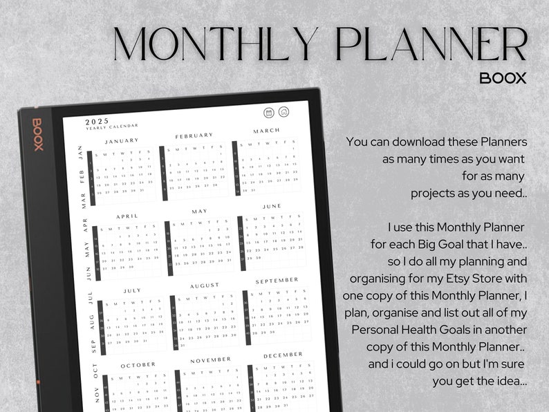 2025 Monthly Planner for BOOX Tablets | Hyperlinked, Sunday/monday ...