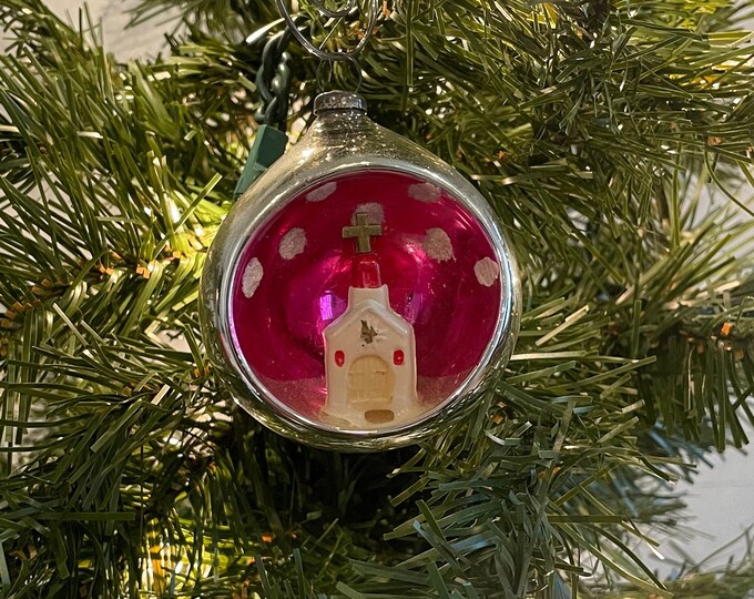Glass Diorama Ornament - Vintage Blown Glass Ornament Silver and Pink ...