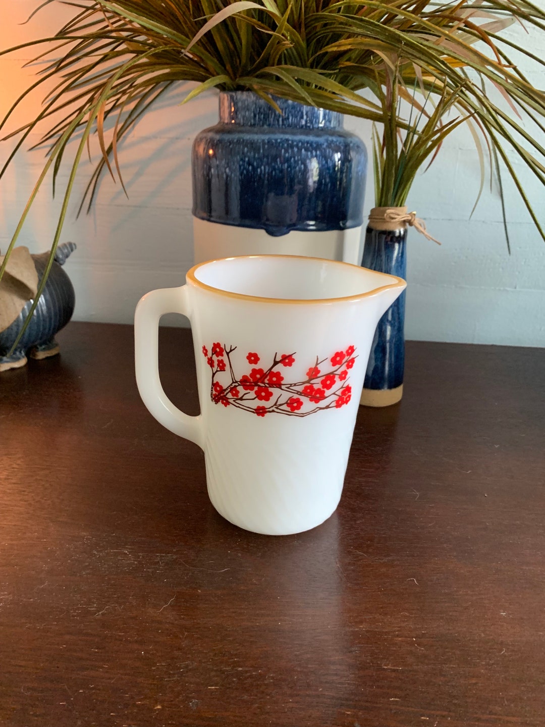 Vintage Termocrisa Milk Glass Pitcher With Red Floral Branch Pattern - Etsy