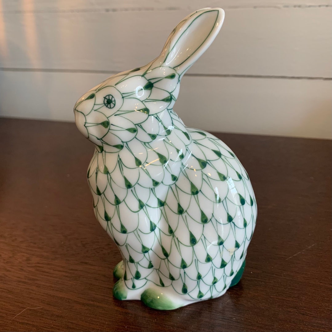 Andrea by Sadek Fishnet Bunny Rabbit Green and White Ceramic Hand ...