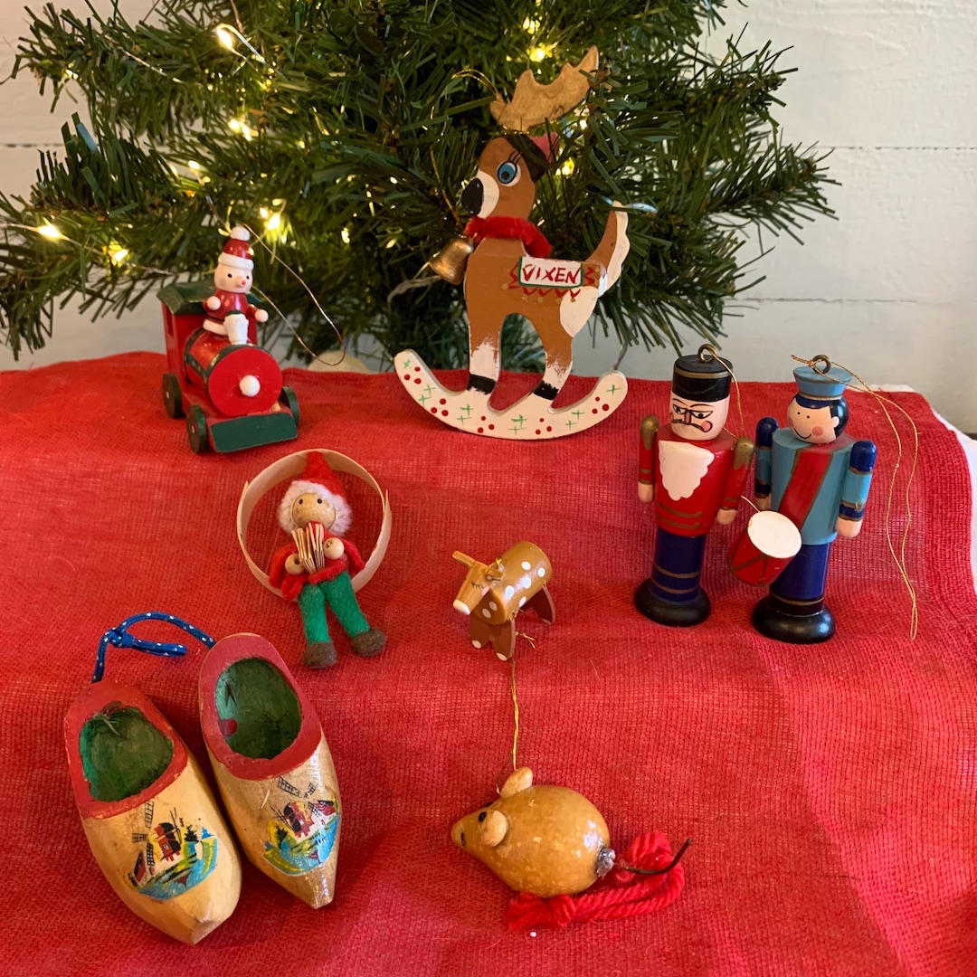 Vintage Wood Christmas Ornaments Set of 8 Cow, Nutcracker, Soldier ...