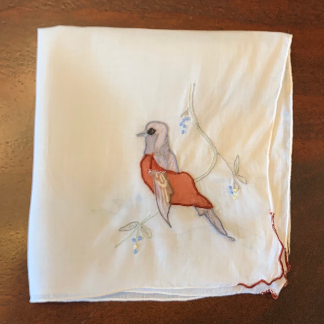 Vintage Appliquéd Bird Handkerchief - Fine Cotton, Rolled Hem - Etsy