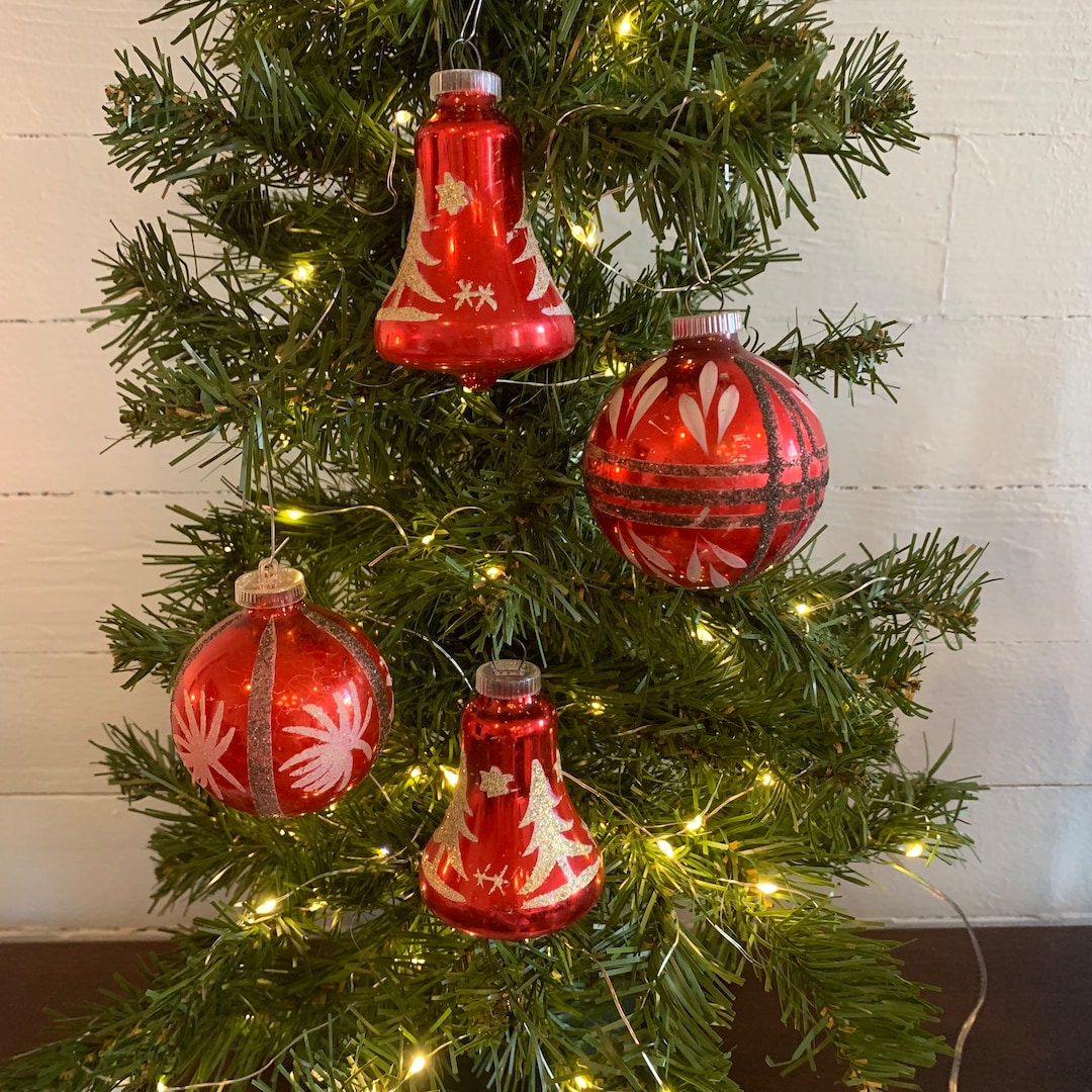 Vintage Red Mercury Glass Ornaments - 2 Balls and 3 Bells - With ...