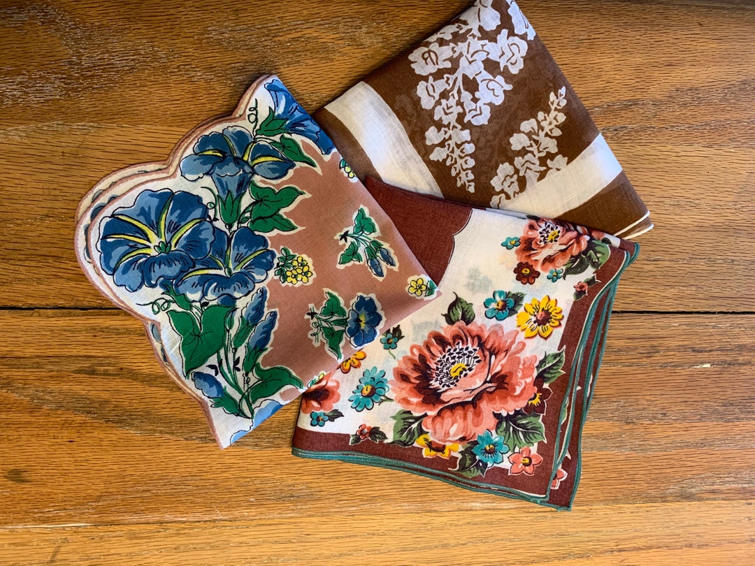 Set of 3 Vintage Brown Flowered Handkerchiefs Group 2 - Etsy