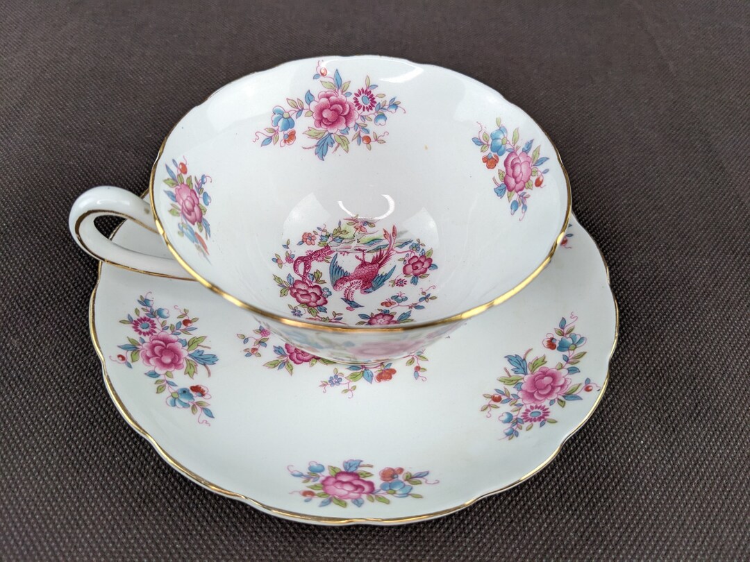 Vtg Grosvenor Jackson Gosling Red Pink Floral Bird of Paradise Bone ...