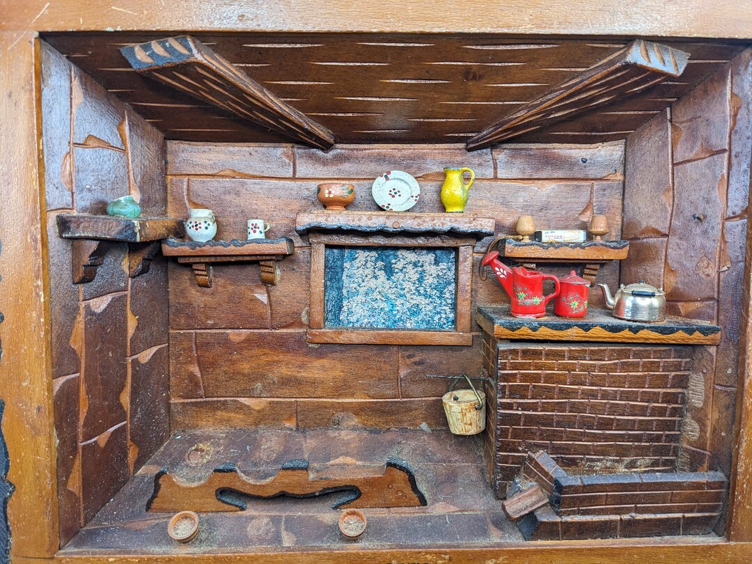 Vtg Hand Made Rustic Folk Log Cabin Kitchen Art Shadow Box 3D Diorama ...