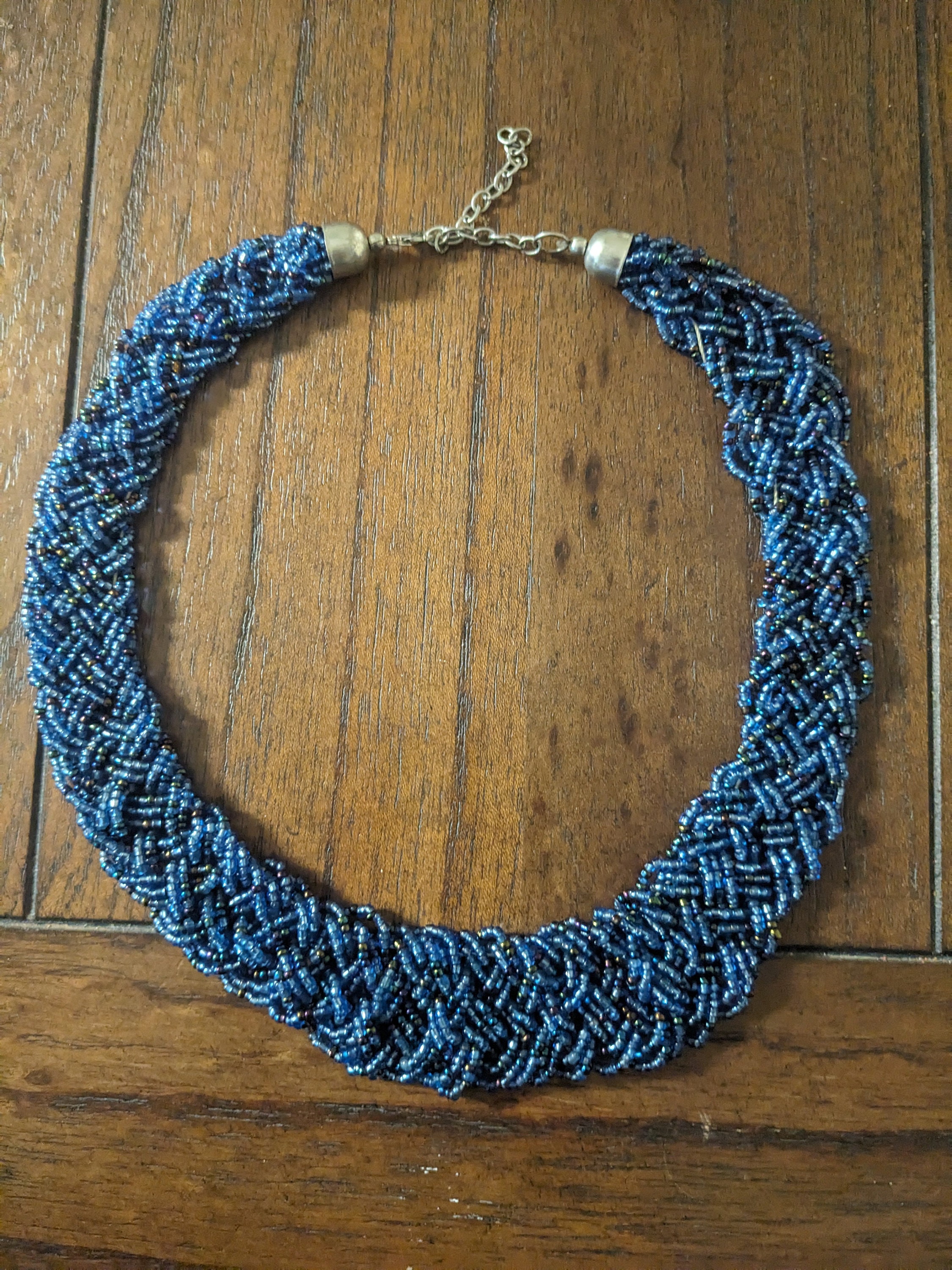 Vtg Blue Purple Braided Seed Beaded Collar Necklace Silver Tone Clasp