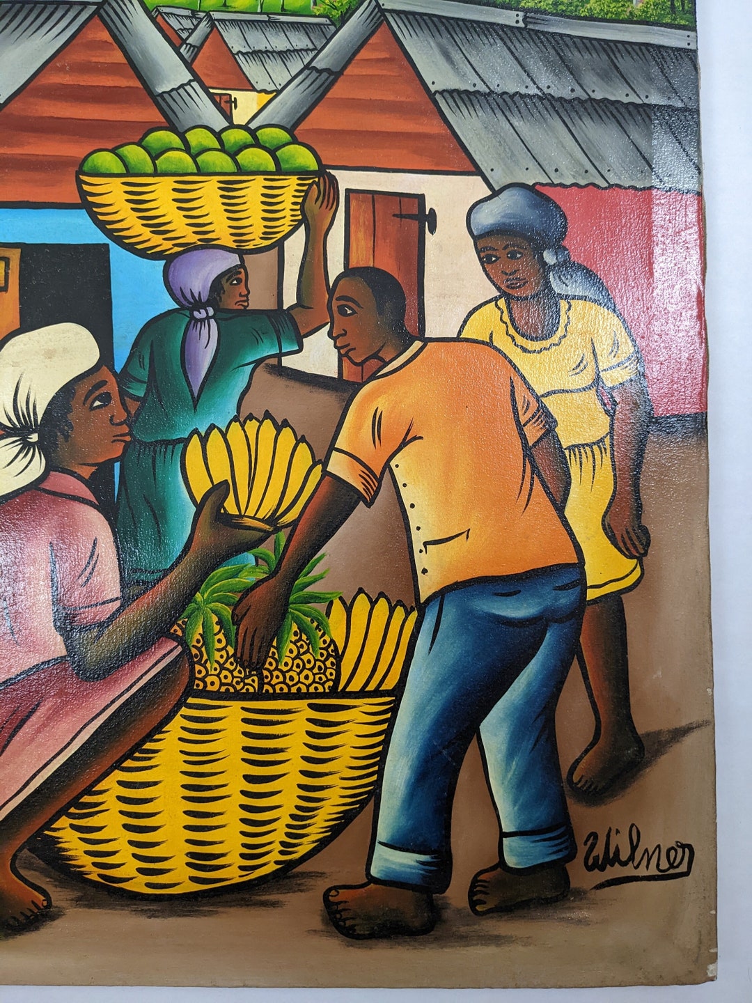 Vintage Haitian Island Folk Art Village Market Oil Canvas Painting ...