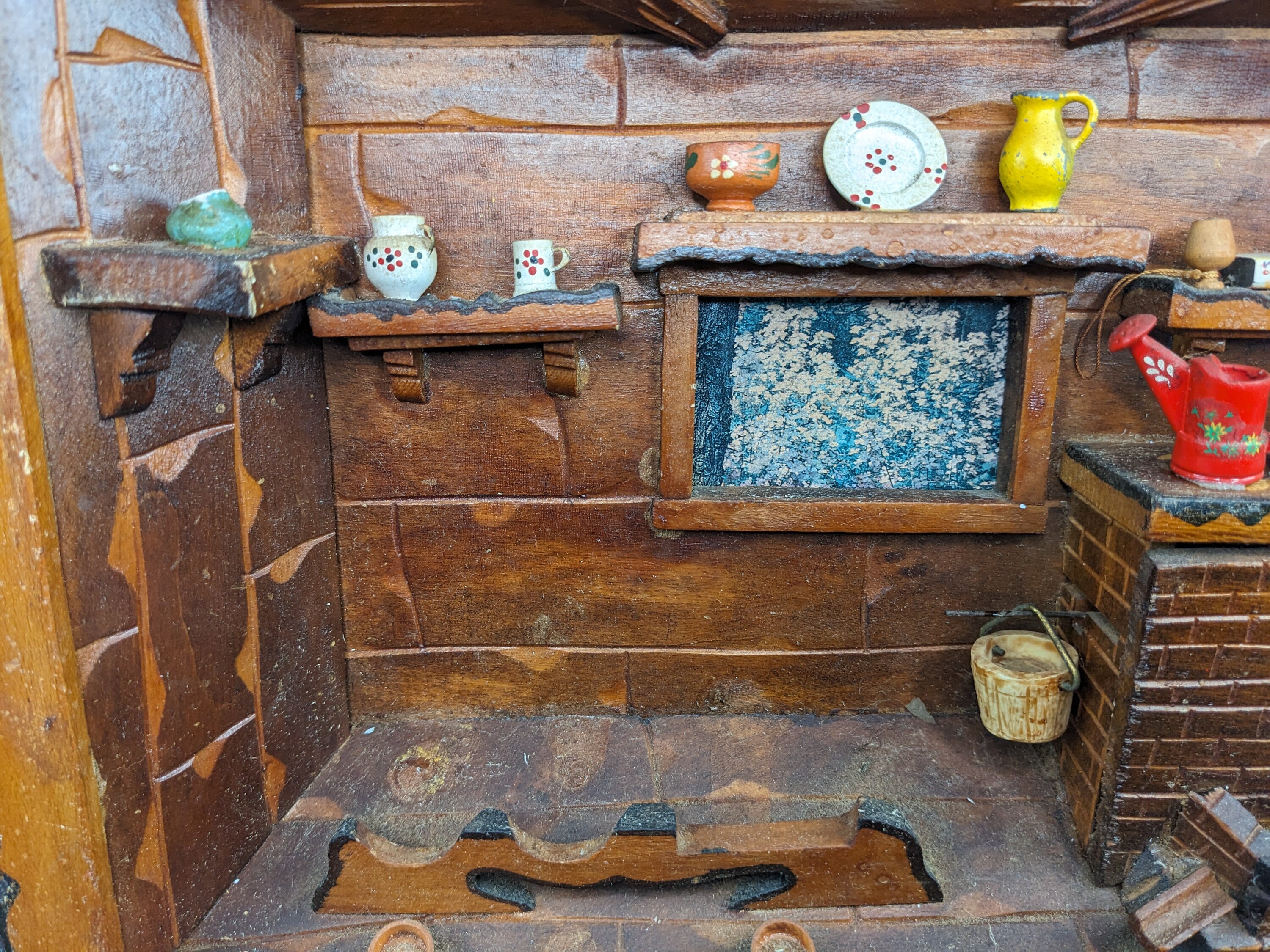 Vtg Hand Made Rustic Folk Log Cabin Kitchen Art Shadow Box 3D Diorama ...