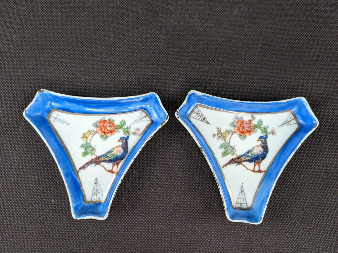 Vtg Hand Painted French France Blue Bird Floral Small Trinket Triangle ...