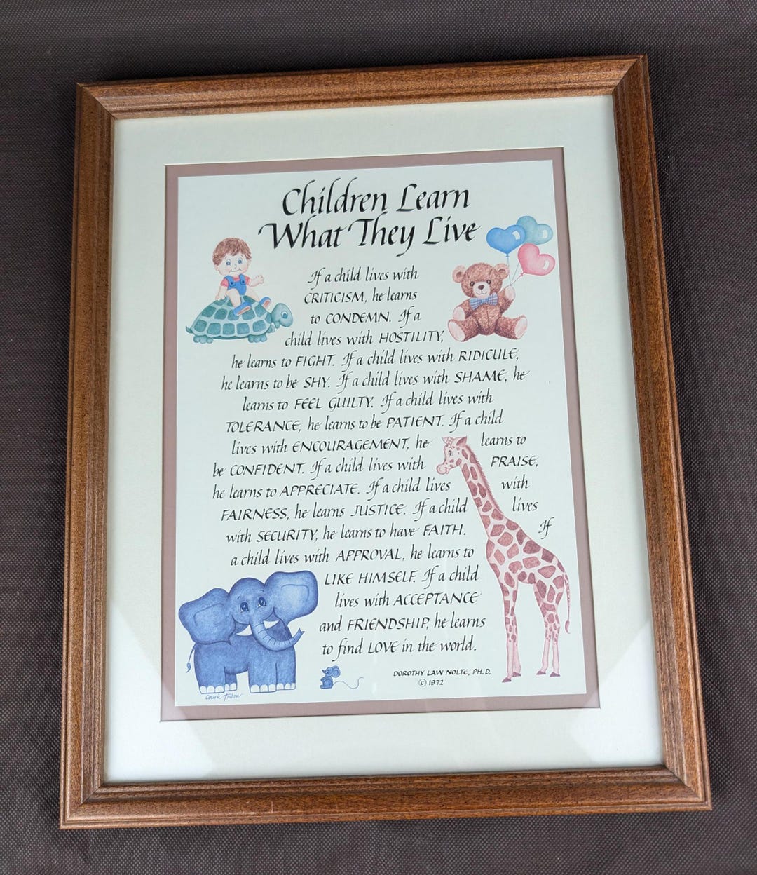 1972 Children Learn From What They Do Poem by Dorothy Law Nolte Framed ...