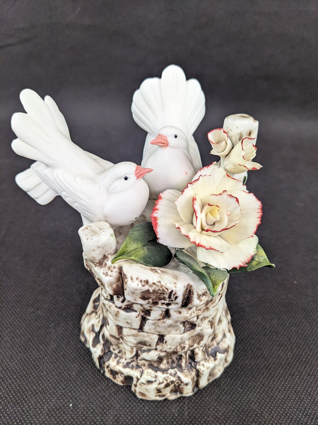 Vtg Capodimonte White Doves Bird Begonia Flower Stone Castle Porcelain ...