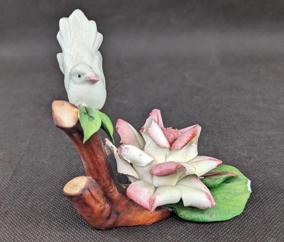 Vtg Capodimonte White Bird Dove Tree Branch Pink Rose Figurine Italy ...