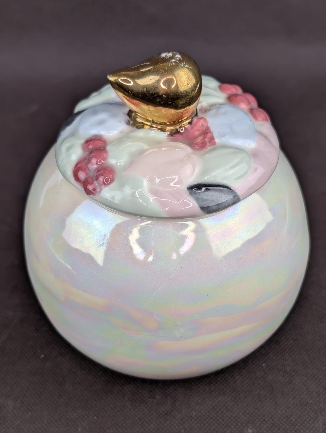 Vtg Holland Mold Ceramic Iridescent Pearlescent Pink Round Lidded ...