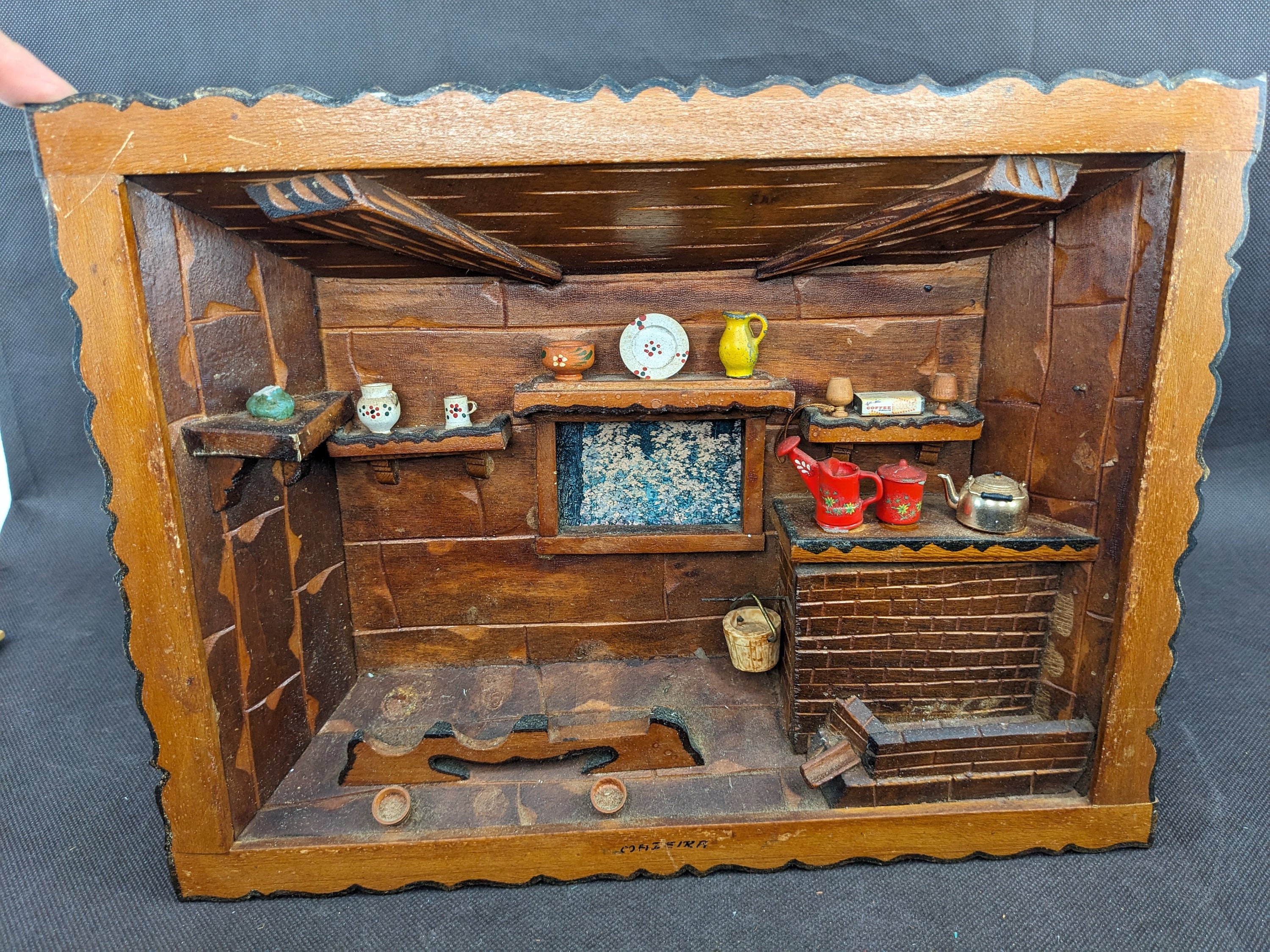 Vtg Hand Made Rustic Folk Log Cabin Kitchen Art Shadow Box 3D Diorama ...
