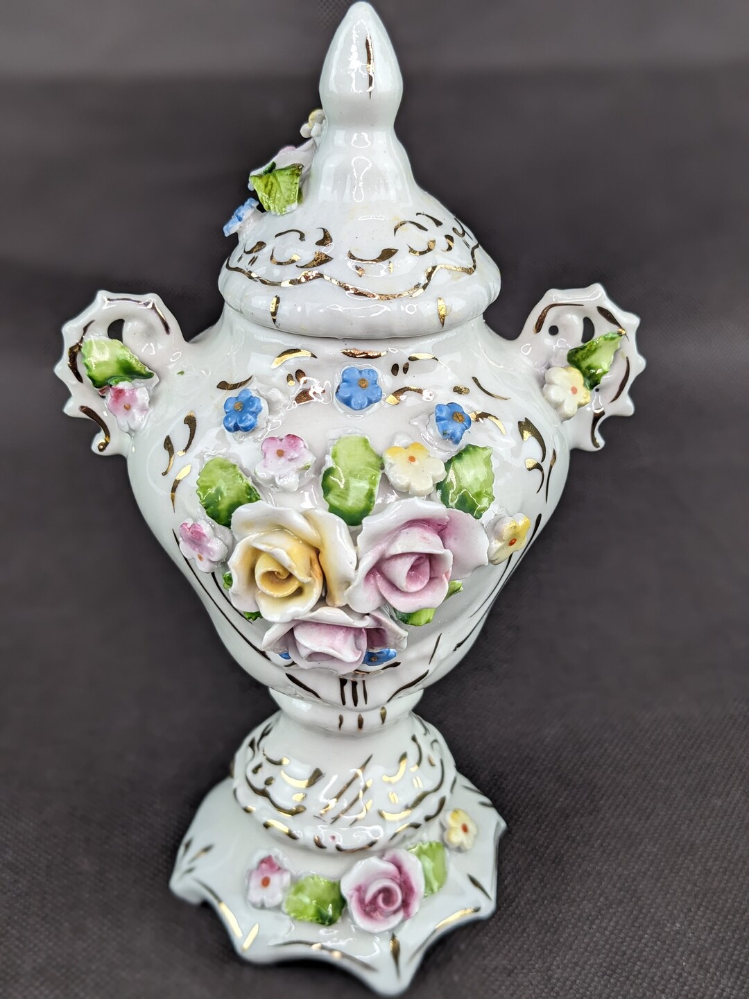 Vtg Capodimonte White Porcelain Violet Pink Rose Floral Potpourri ...