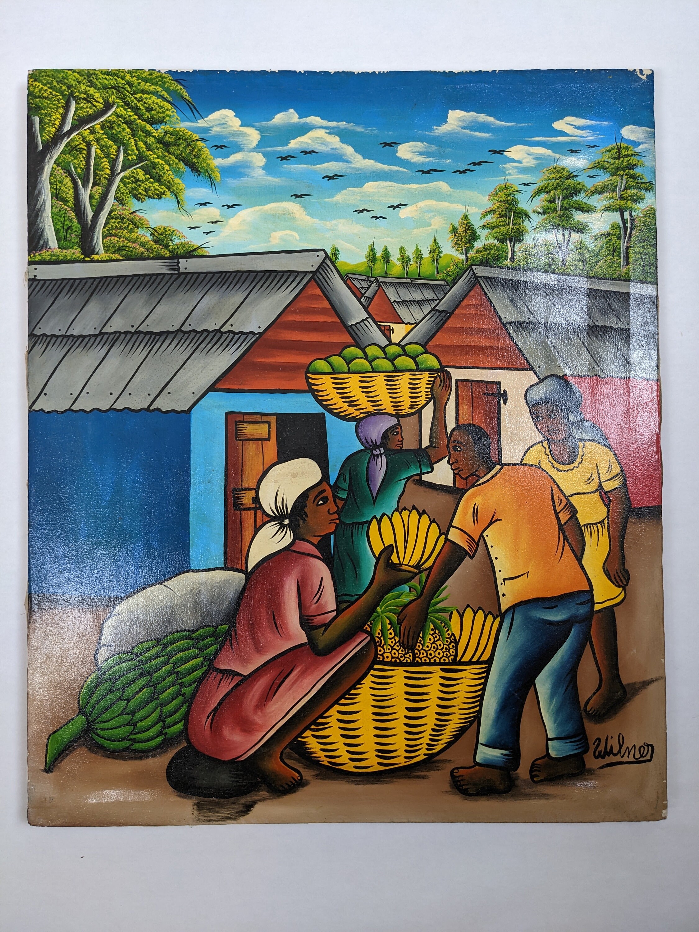 Vintage Haitian Island Folk Art Village Market Oil Canvas Painting ...