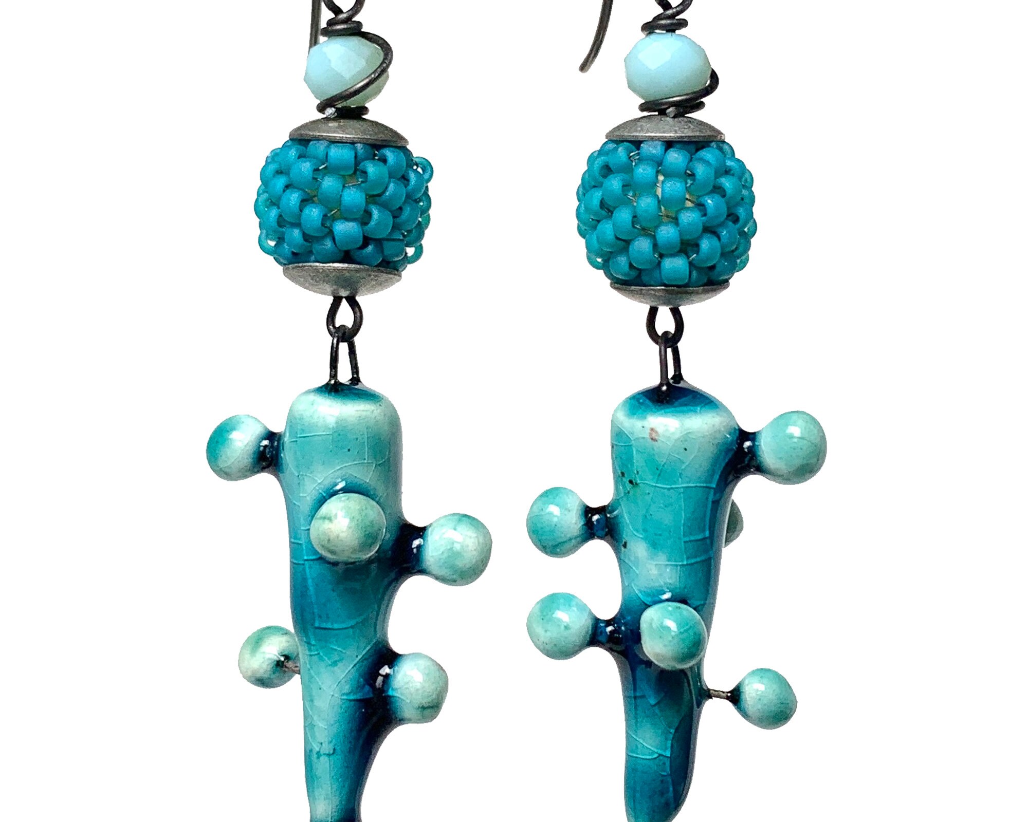 Funky Turquoise Blue Bobble Earrings, Artisan Ceramic and Beaded Bead ...
