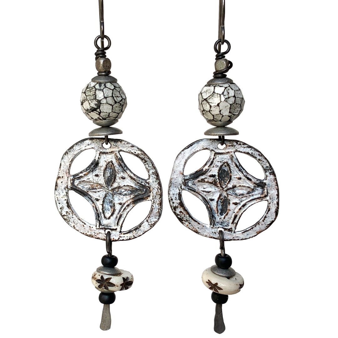 Black and White Patina Earrings, Rustic Industrial Dangle Earrings ...