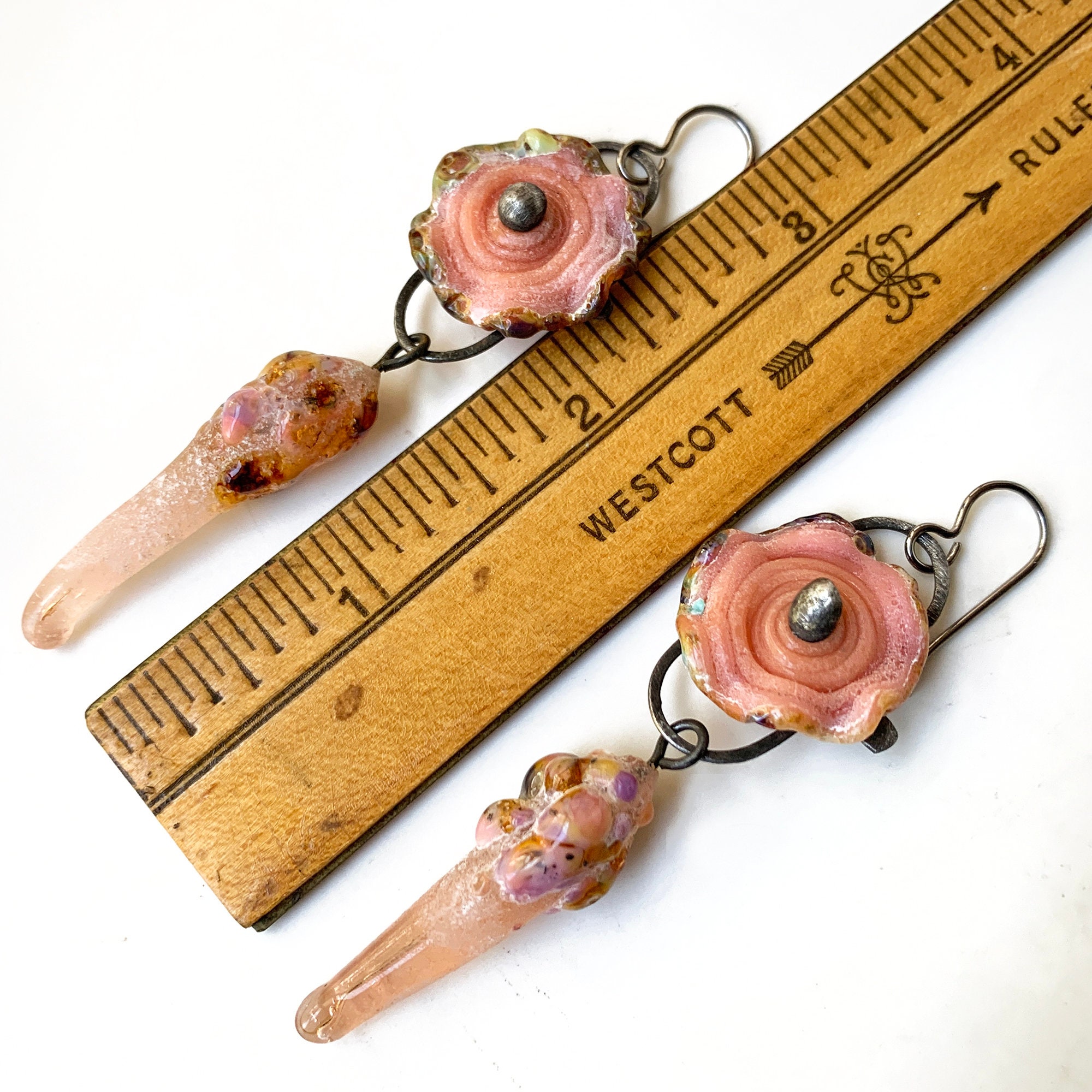 Peach Fuzz, Crusty Rustic Lampwork Glass Earrings, Soldered Long Peachy ... Peach Fuzz, Crusty Rustic Lampwork Glass Earrings, Soldered Long Peachy ...