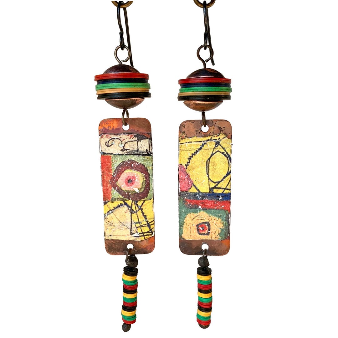 Circus Earrings, LONG Rustic Artisan Enamel Earrings, Colorful Tribal ...