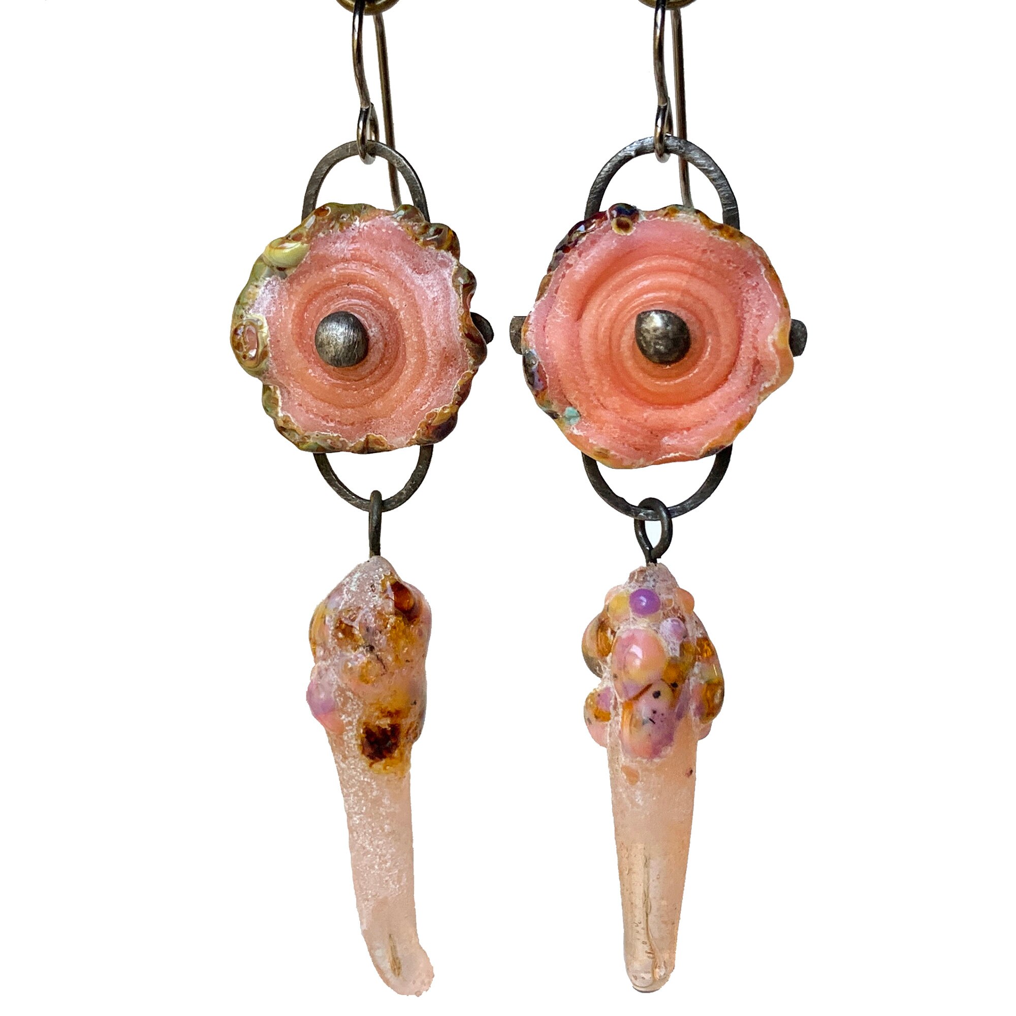 Peach Fuzz, Crusty Rustic Lampwork Glass Earrings, Soldered Long Peachy ... Peach Fuzz, Crusty Rustic Lampwork Glass Earrings, Soldered Long Peachy ...