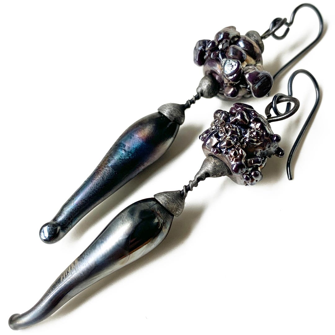 Black Metallic Glass Earrings, Handmade Artisan Lampwork Glass, Dark ...