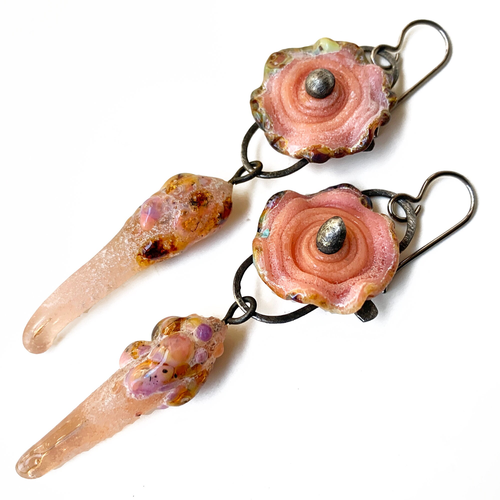 Peach Fuzz, Crusty Rustic Lampwork Glass Earrings, Soldered Long Peachy ... Peach Fuzz, Crusty Rustic Lampwork Glass Earrings, Soldered Long Peachy ...