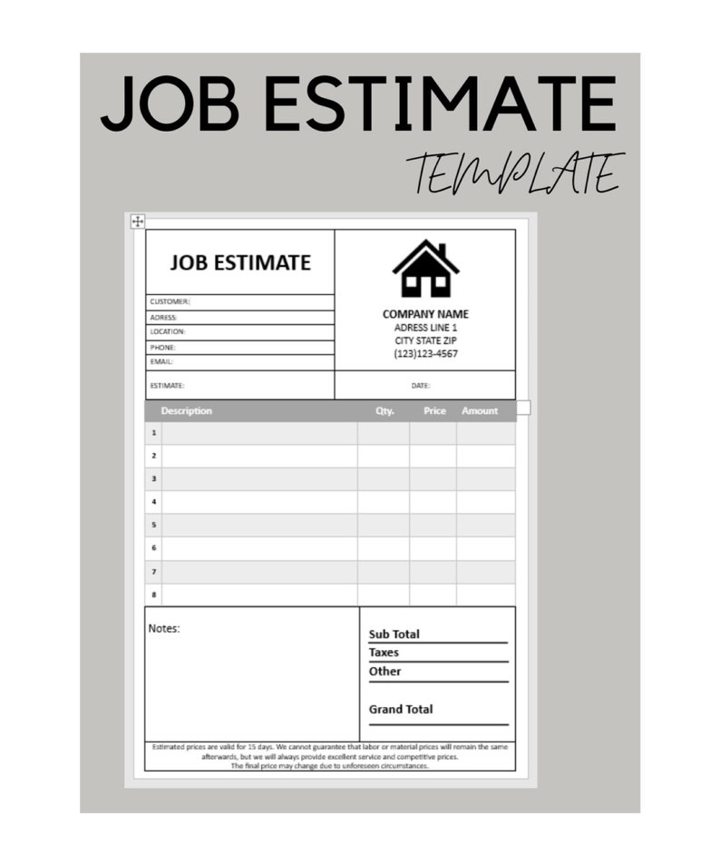 Job Estimate Form Template, Printable Estimate Form PDF, Editable WORD ...