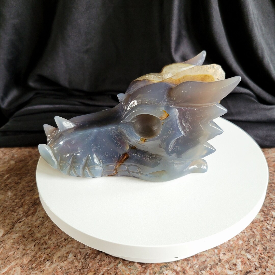 Agate Geode Dragon Head 5 1/2, 1lb. 10oz. Hand Carved Slate Blue W ...