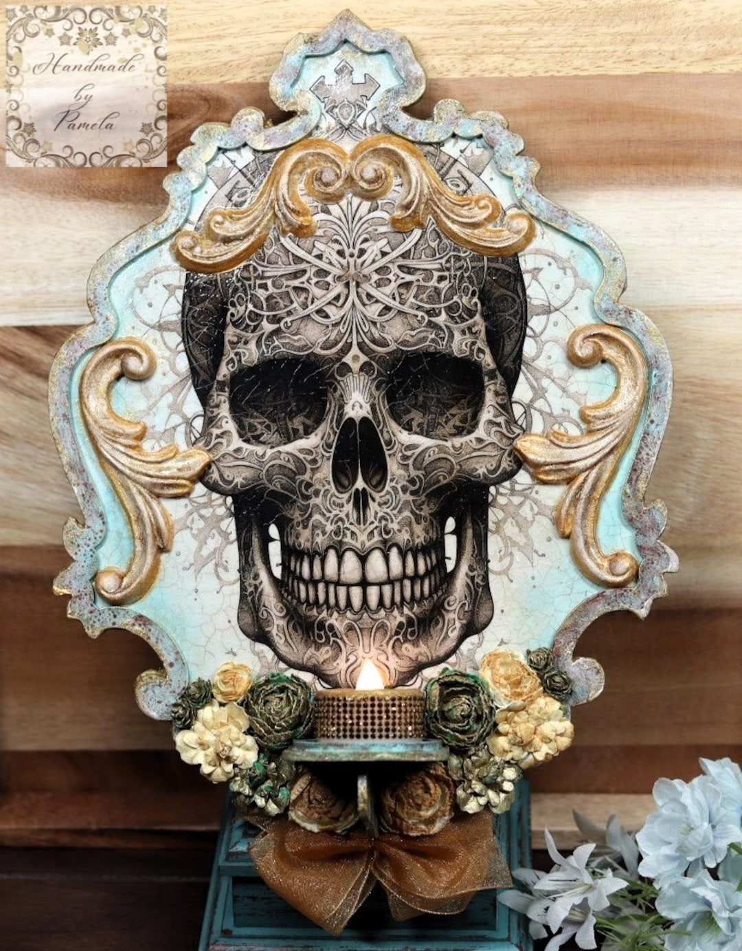 Handcrafted, Mixed Media, Decoupage, Skull, Flameless Candle, Wall Art ...