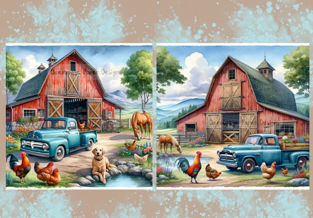 Decoupage Creatives, Rice Paper, Farm, Red Barn, Vintage Truck, Dogs ...