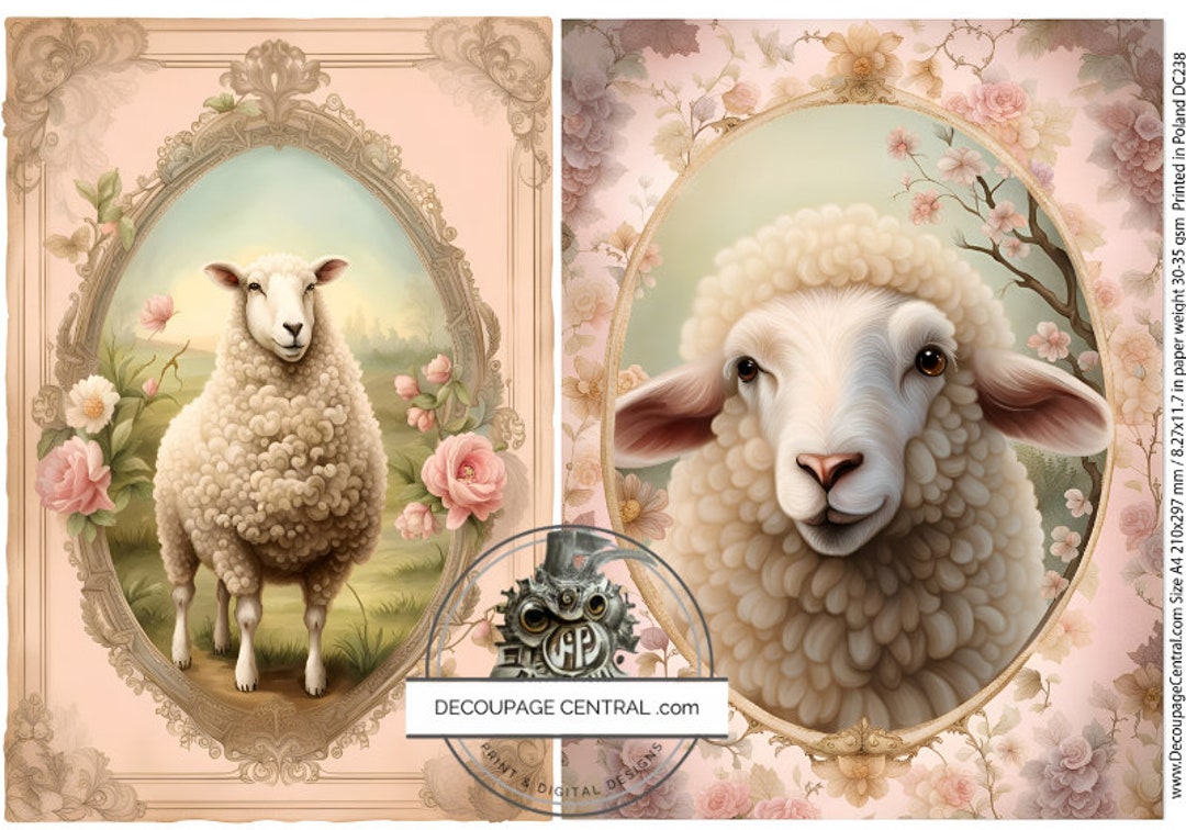 Decoupage Central, Pink Sheep, Roses, Framed, Country, Farm, Shabby ...