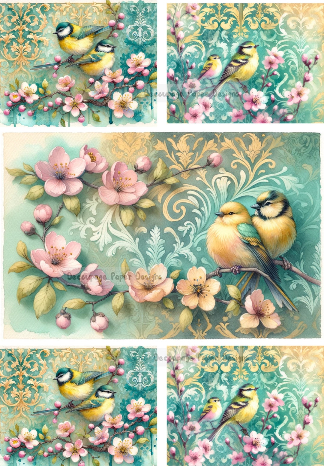 Decoupage Creatives, Rice Paper, Mixed Media, Spring, Birds, Flourishes ...