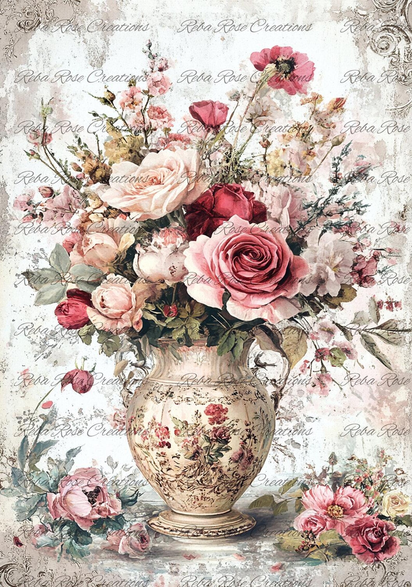 Reba Rose Creations, Rice Paper, Decoupage, Mixed Media, Pink, Vase ...