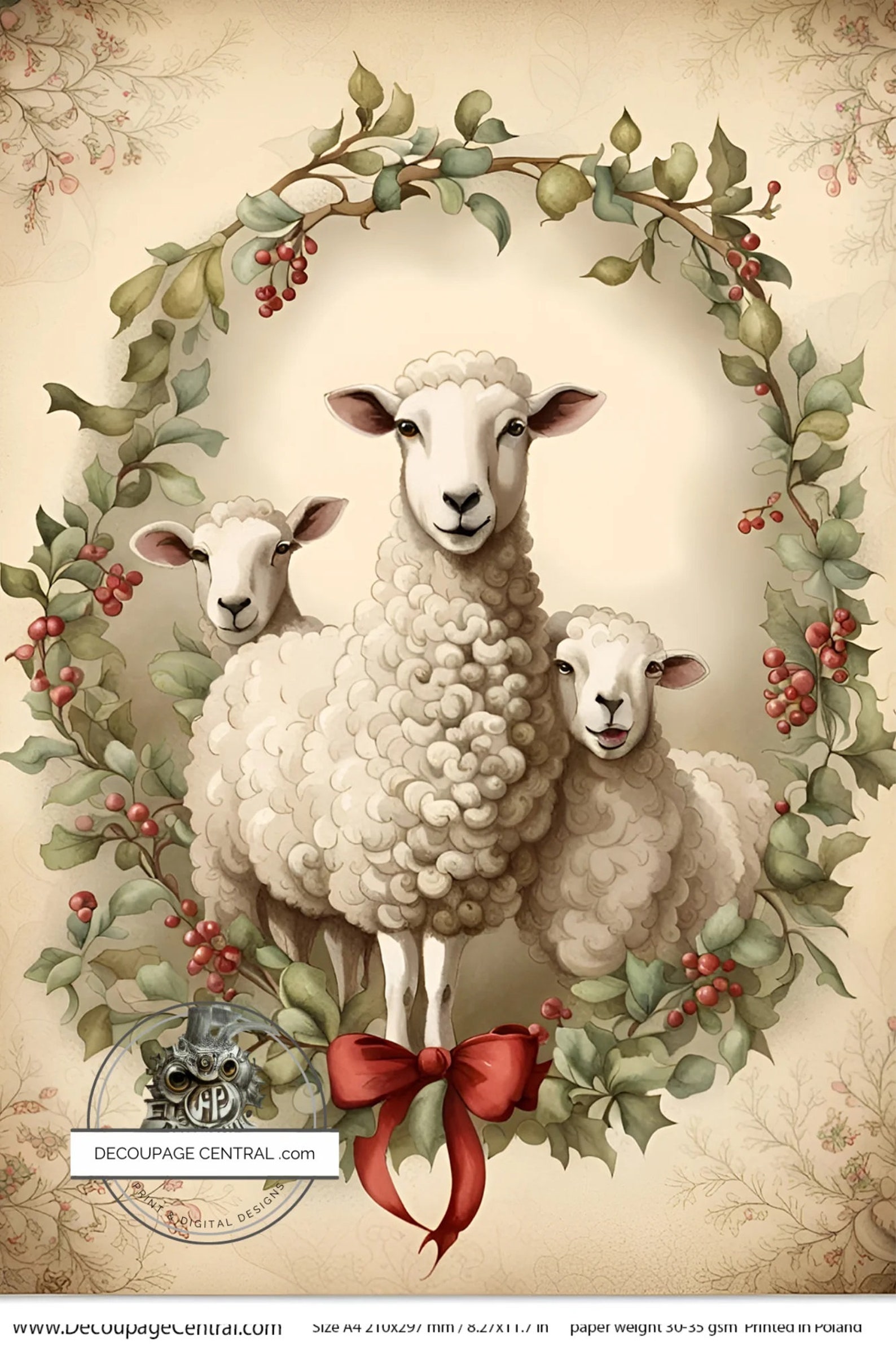 Decoupage Rice Paper Christmas Sheep Family Framed Vintage Wreath ...